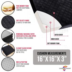 COMFORTANZA Chair Seat Cushion - 16x16x3 Memory Foam Square Thick Non-Slip Chair Pads for Kitchen, Dining, Office Chairs and Car Seats - Comfort and Back Pain Relief - Soft - Black