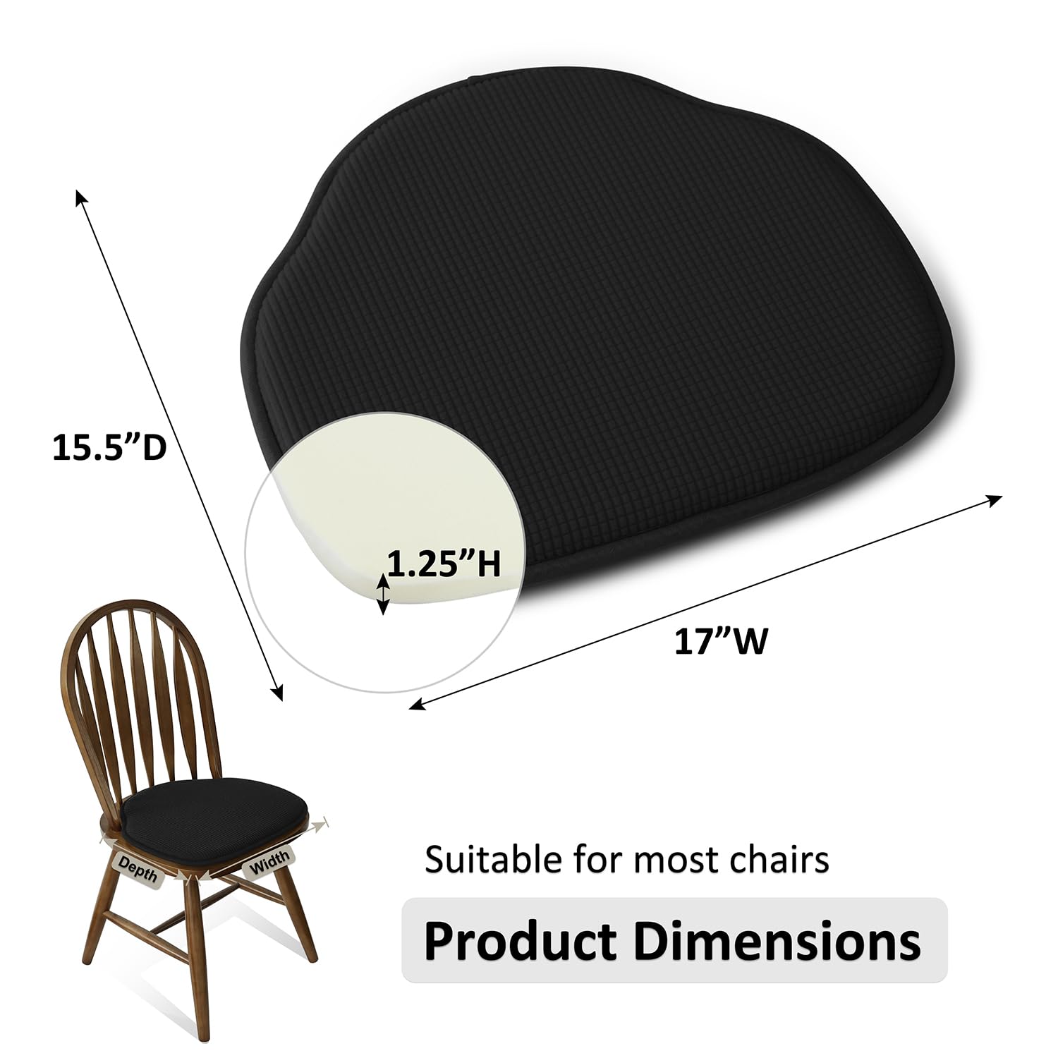 Shinnwa Windsor Chair Cushions Black Seat Cushions for Kitchen Chairs Farmhouse Non Slip Chair Pads for Dining Room Chairs with Foam Padding and Textured Cover Set of 4 (17 x 15.5 Inches)