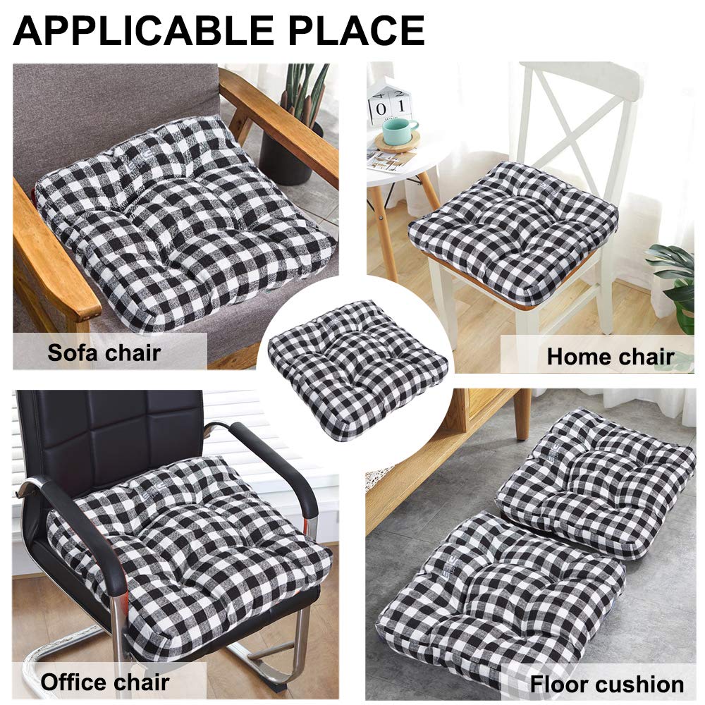 Big Hippo Chair Cushion Buffalo Check Chair Pad for Indoor/Dining/Kitchen Chairs Seat Cushion with Ties Tufted Chair Cushion Pad 17"x17" (1 Pack, Black and White Plaid)