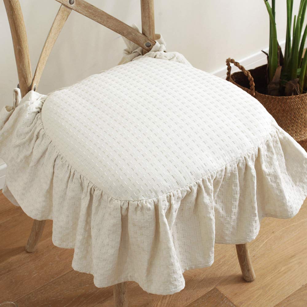 GE&YOBBY French Cotton Simple Seat Cushion,Fabric Not-Slip Soft Chair Pad,Ruffled Skirt Seat Cover with Ties and Cotton Filled for Wooden Dinner Chair Beige 43x45cm