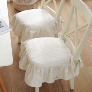 GE&YOBBY French Cotton Simple Seat Cushion,Fabric Not-Slip Soft Chair Pad,Ruffled Skirt Seat Cover with Ties and Cotton Filled for Wooden Dinner Chair Beige 43x45cm