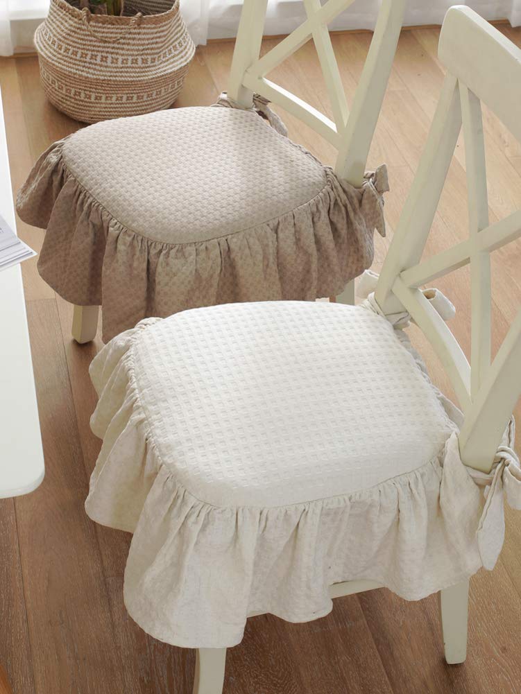 GE&YOBBY French Cotton Simple Seat Cushion,Fabric Not-Slip Soft Chair Pad,Ruffled Skirt Seat Cover with Ties and Cotton Filled for Wooden Dinner Chair Beige 43x45cm