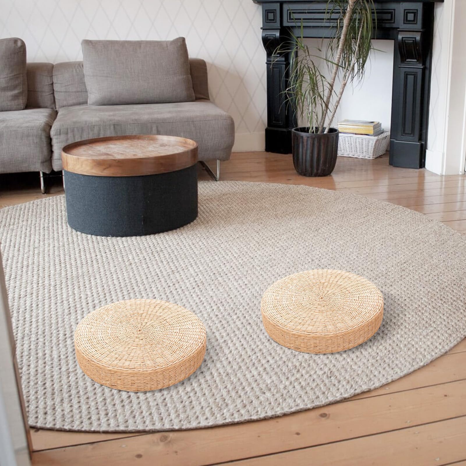 11.8In/30CM Hand-Woven Natural Cattail Mat Cushion Pouf, Japanese Style Round Straw Seat Pad, Handmade Floor Pouf for Party Living Room Bay Window 1 Count (Kids)