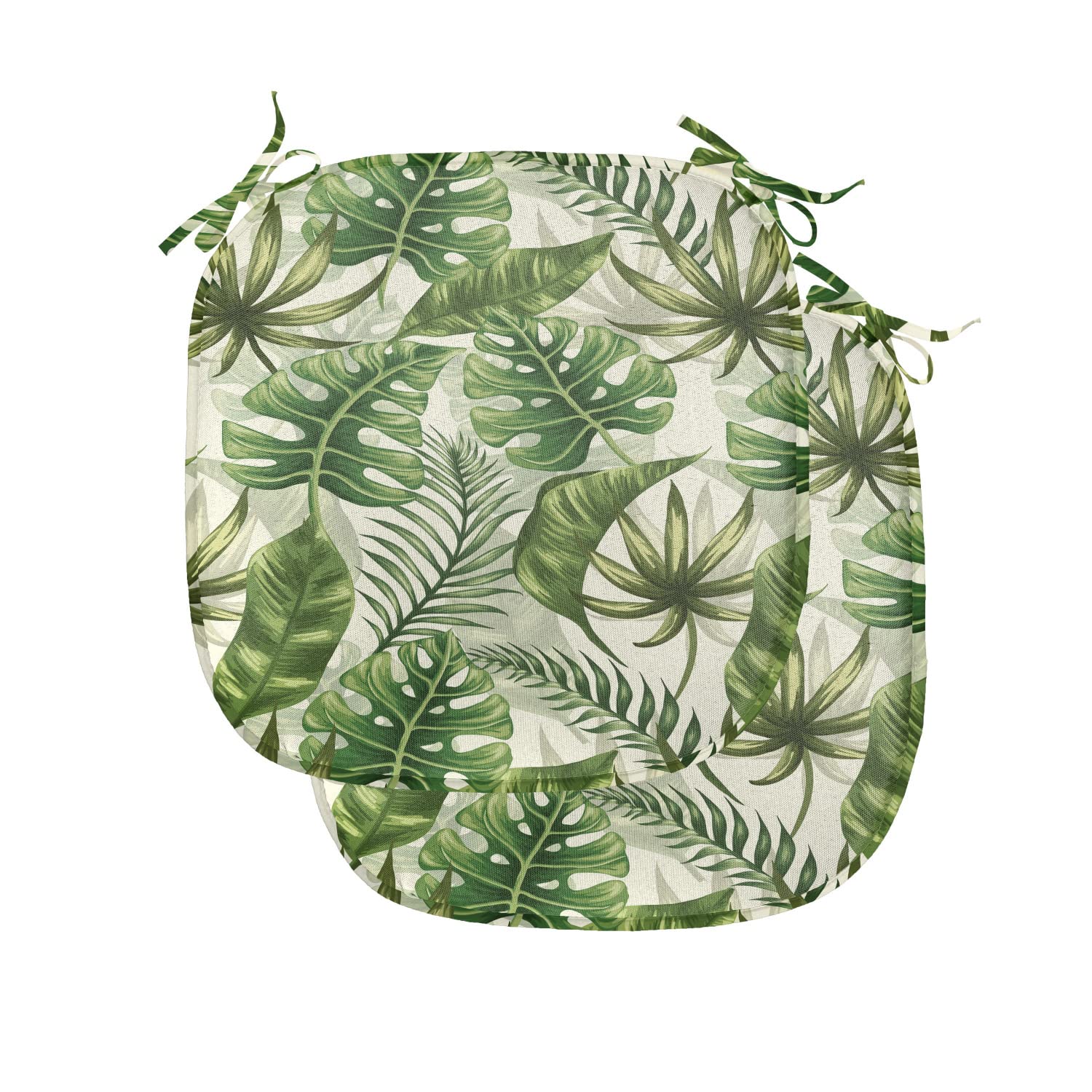 Lunarable Tropical Chair Seating Cushion Set of 2, Rainforest Island Jungle Foliage Pattern Green Leaves Retro Nature, Anti-Slip Seat Padding for Kitchen & Patio, 16"x16", Green Olive Green Cream