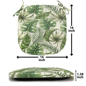 Lunarable Tropical Chair Seating Cushion Set of 2, Rainforest Island Jungle Foliage Pattern Green Leaves Retro Nature, Anti-Slip Seat Padding for Kitchen & Patio, 16"x16", Green Olive Green Cream