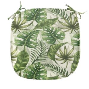 Lunarable Tropical Chair Seating Cushion Set of 2, Rainforest Island Jungle Foliage Pattern Green Leaves Retro Nature, Anti-Slip Seat Padding for Kitchen & Patio, 16"x16", Green Olive Green Cream