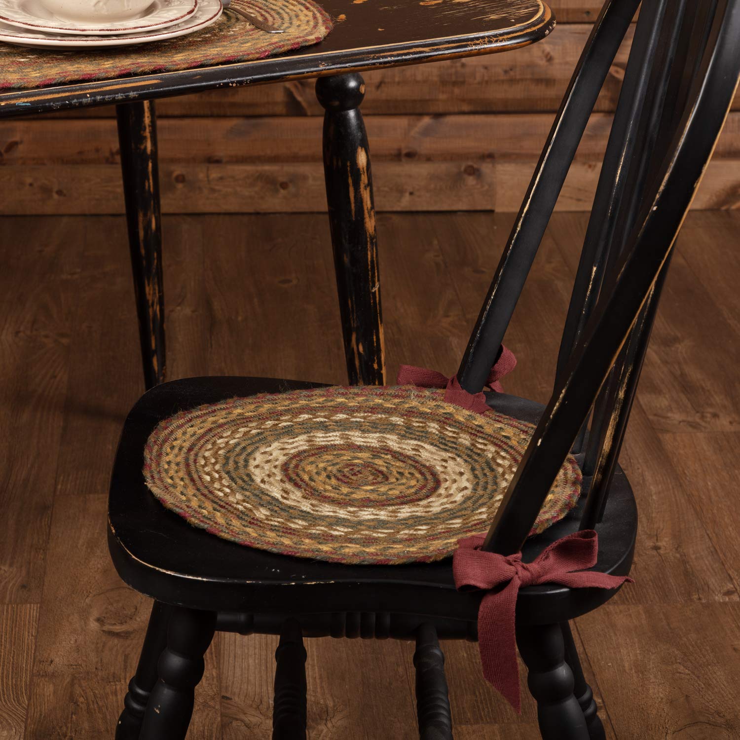 VHC Brands Tea Cabin Rustic Jute Green Textured Striped Round Kitchen Chair Pad Set of 6 15"