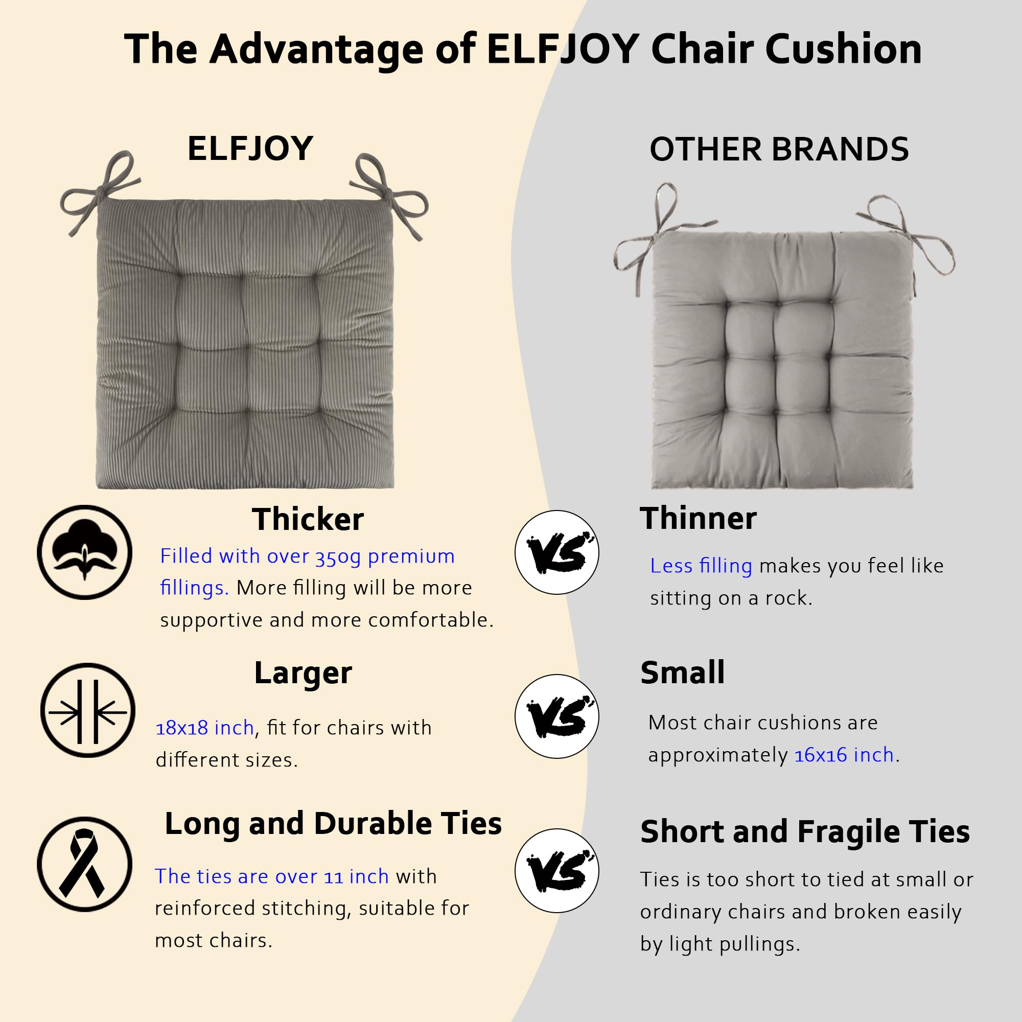 ELFJOY 4 Pack Chair Cushions for Dining Kitchen Chairs 18 Inches Seat Cushion Pads Warm Thick Corduroy Comfort Chair Cushions for Office with Ties(18", Grey)