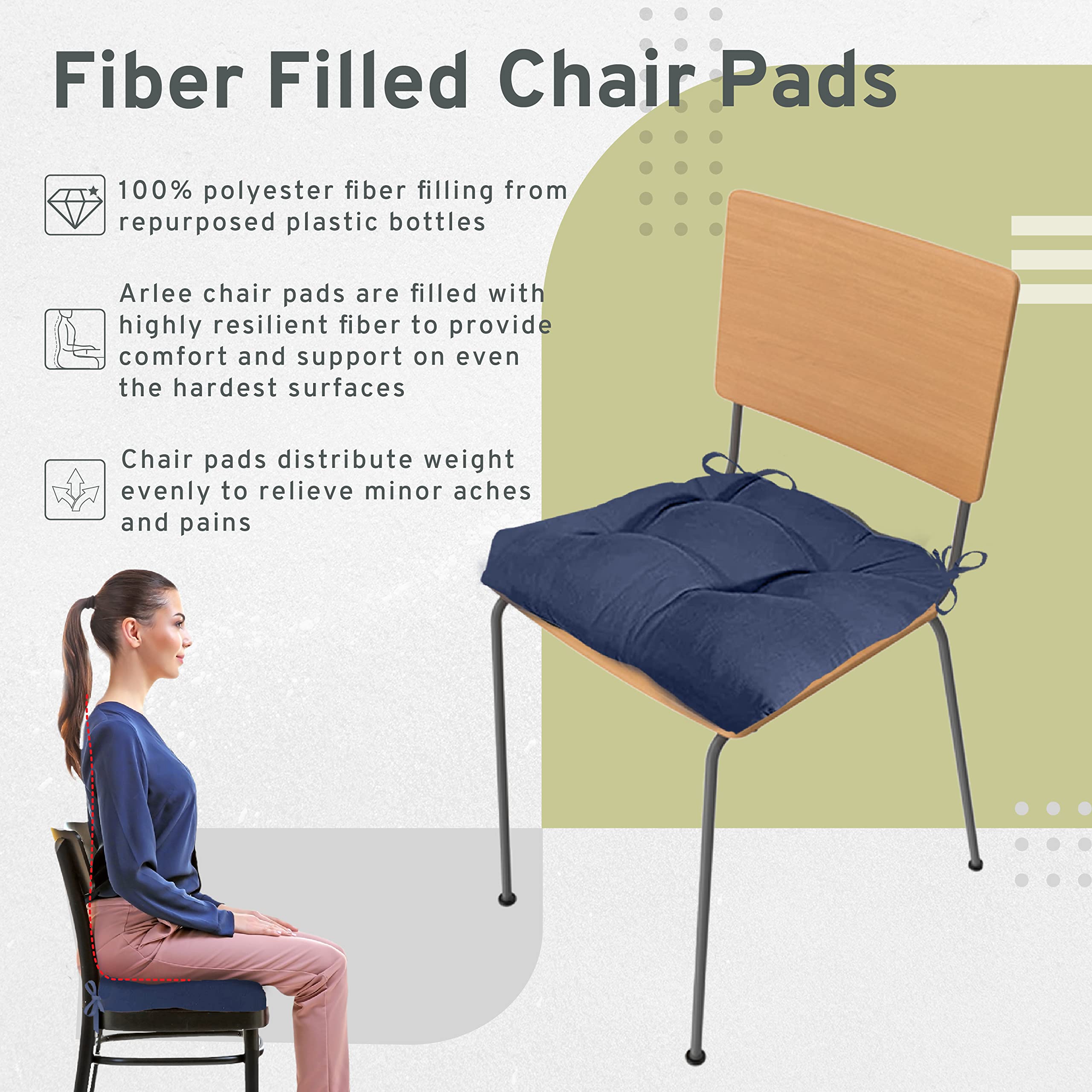 Arlee Home Fashions – Fiber Filled Premium Chair Pads - Chair Pads with Tiebacks –14” L X 15” W – Navy - Set of 2