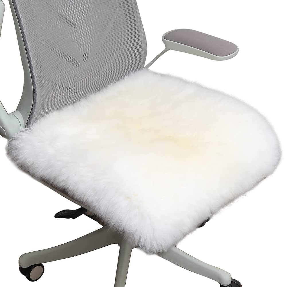 LLB Sheepskin Chair Cushion Non-Slip Back Square Genuine Fur Chair Cover Silky Natural Wool Seat Cushion Pad Soft Area Rugs Carpet for Home Office Restaurant Chair 18x18 Inch (Pack of 1), Ivory White