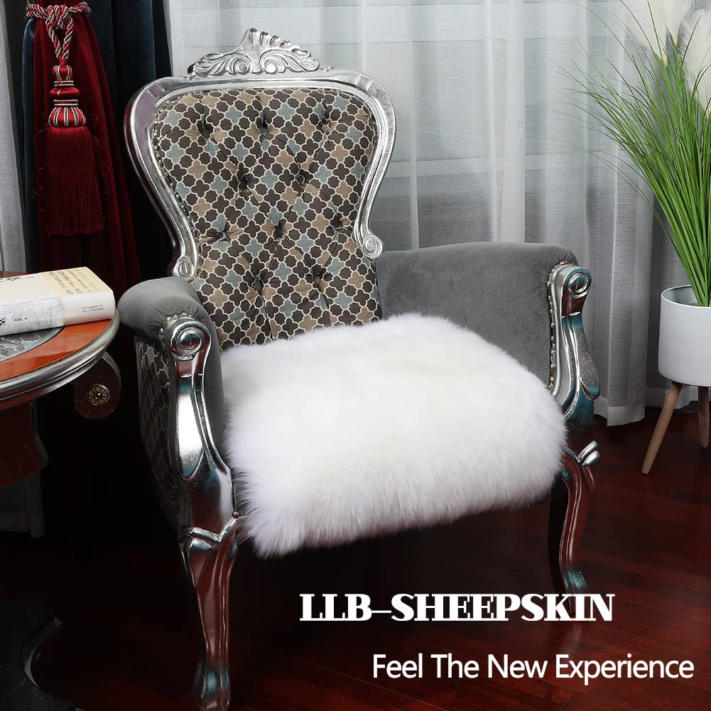 LLB Sheepskin Chair Cushion Non-Slip Back Square Genuine Fur Chair Cover Silky Natural Wool Seat Cushion Pad Soft Area Rugs Carpet for Home Office Restaurant Chair 18x18 Inch (Pack of 1), Ivory White