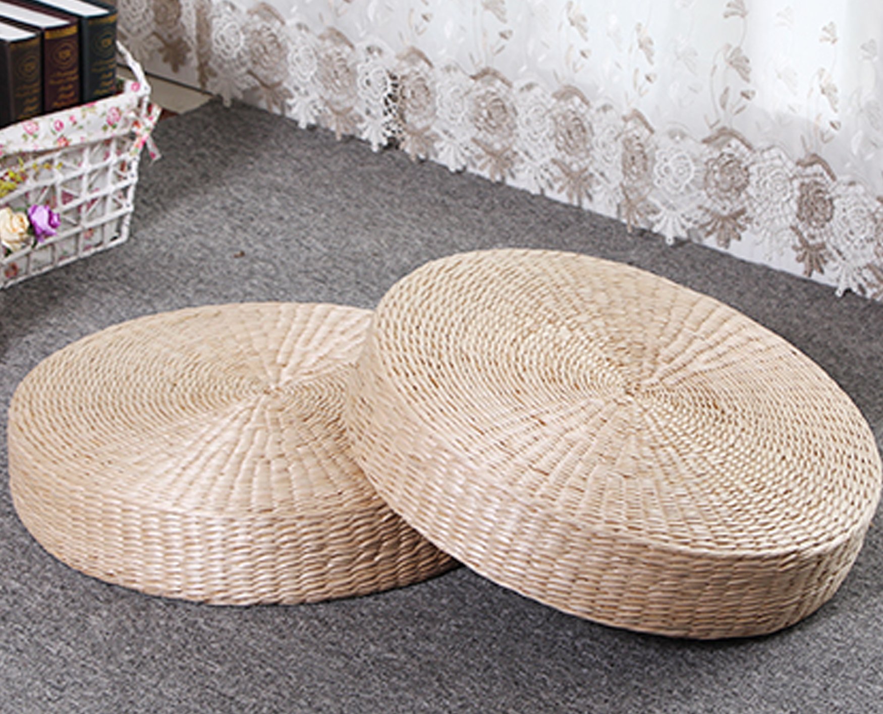 Layboo Handcrafted Eco-Friendly Breathable Padded Knitted Straw Flat Seat Cushion/Straw futon Cushion (Round 45cm(17.72 in))