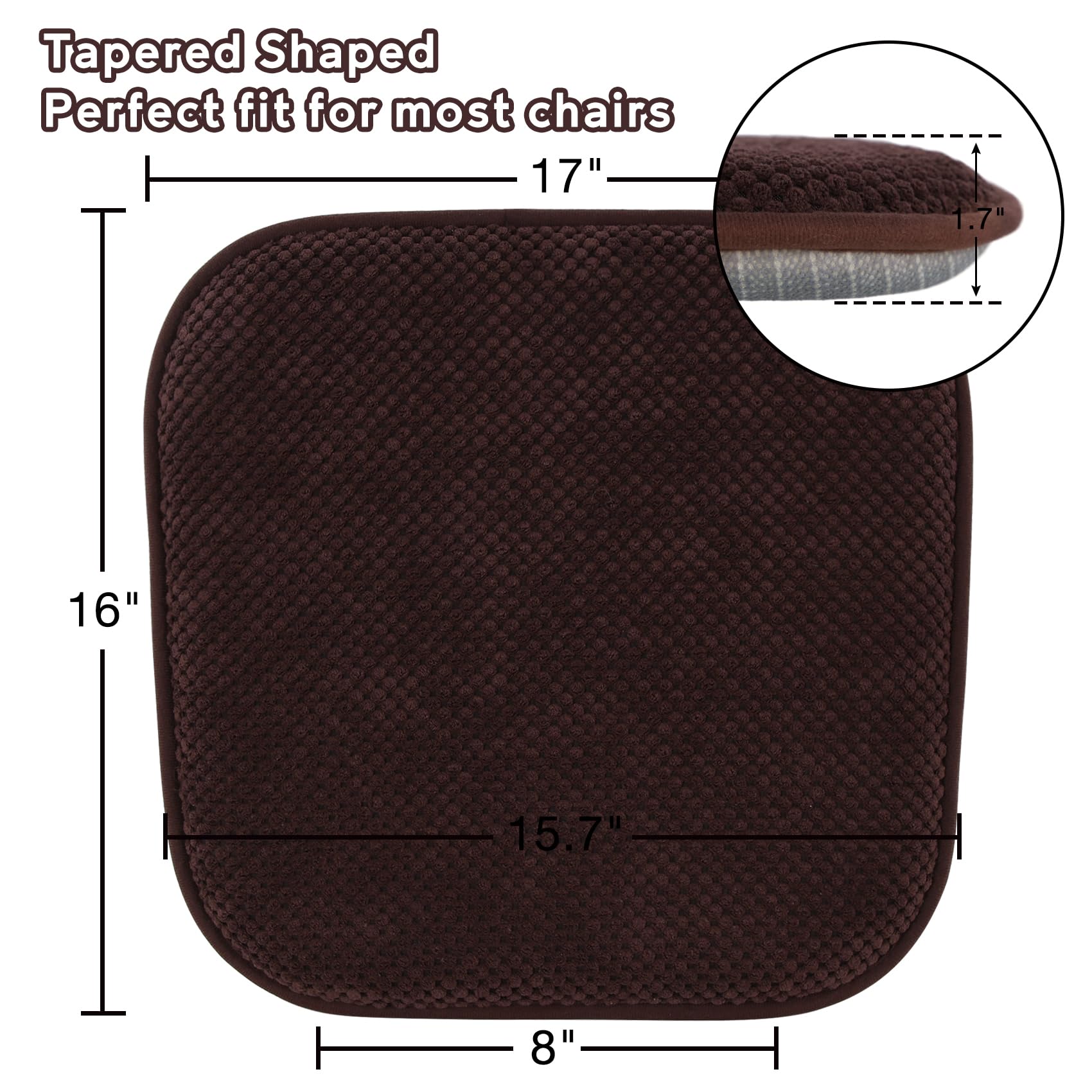 PAGGED Brown Chairs Cushions for Dining Chairs 6 Pack Non Slip Foam Kitchen Seat Cushions Washable Soft Thick Patio Pads Large Wooden Metal Tapered Chair Cushions,17" x 16"