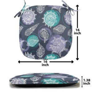 Ambesonne Nautical Chair Seating Cushion Set of 8, Ocean Theme Seashells Scallop Summer Marine Coastal Grunge, Anti-Slip Seat Padding for Kitchen & Patio, 16"x16", Night Blue Sea Green