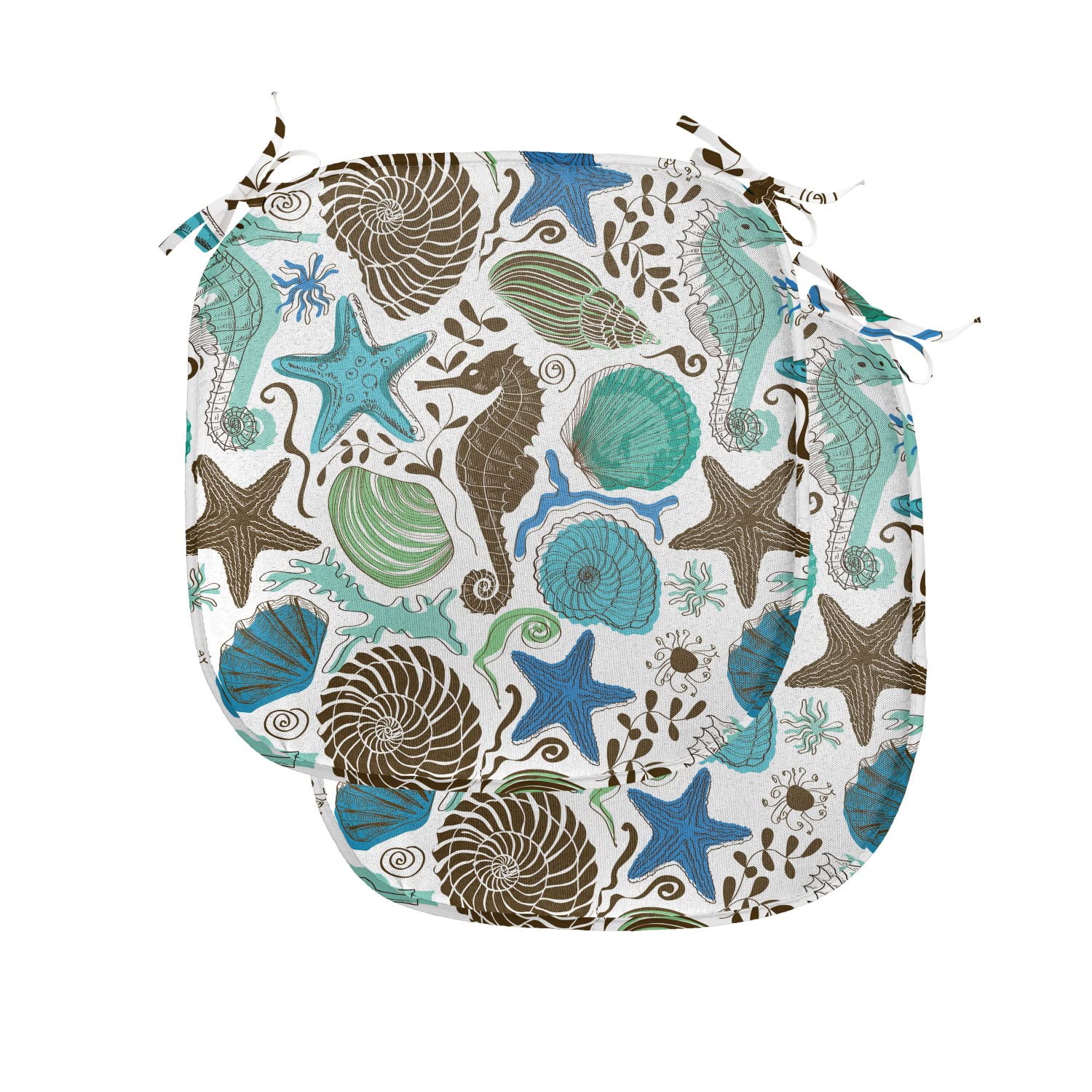 Ambesonne Sea Shells Chair Seating Cushion Set of 2, Maritime Art with Seahorse and Starfishes Hand Drawn Aquarium Pattern, Anti-Slip Seat Padding for Kitchen & Patio, 16"x16", Seafoam Brown Blue