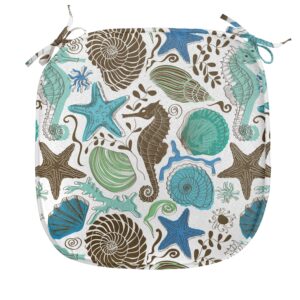 Ambesonne Sea Shells Chair Seating Cushion Set of 2, Maritime Art with Seahorse and Starfishes Hand Drawn Aquarium Pattern, Anti-Slip Seat Padding for Kitchen & Patio, 16"x16", Seafoam Brown Blue