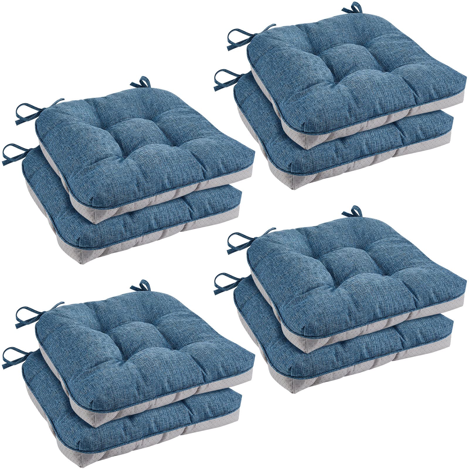 8 Pack Indoor Chair Cushions for Dining Chairs Kitchen Chair Pad with Ties Tufted Overstuffed Memory Foam Textured Chair Cushions Non Slip Backing Chair Seat Cushions, 15.5 x 15.5 Inches, Blue