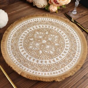 efavormart 4 pack | natural 15" jute & white print fringe placemats, rustic round woven burlap tassel table mats