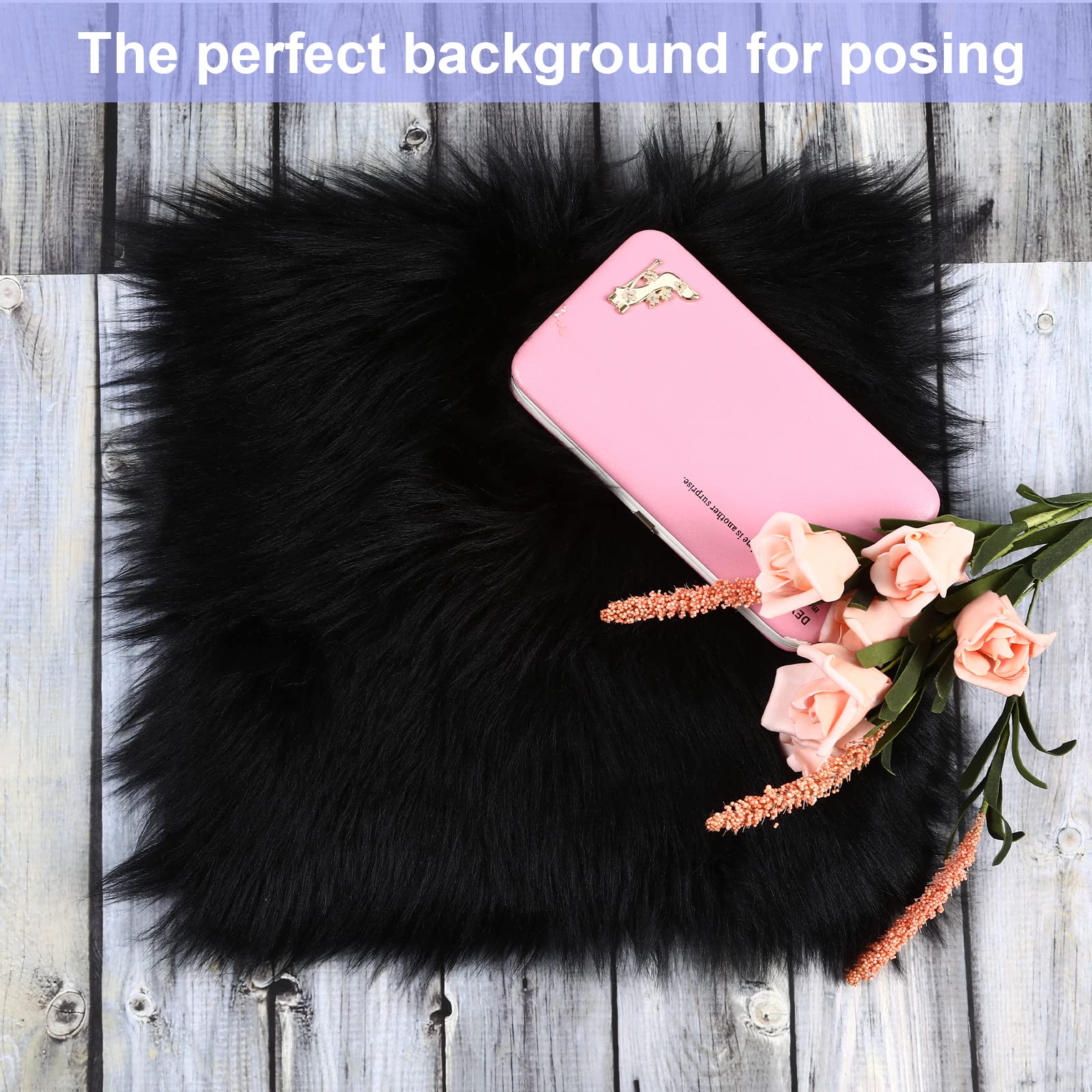 Sibba Faux Fur Area Rugs Chair Pad Protectors 12 inch Mini Square Cover Seat Fuzzy Cushion Carpet Mat Soft Fluffy Rug Couch for Living Bedroom Sofa Nail Art Photography Background Locker Decor (Black)