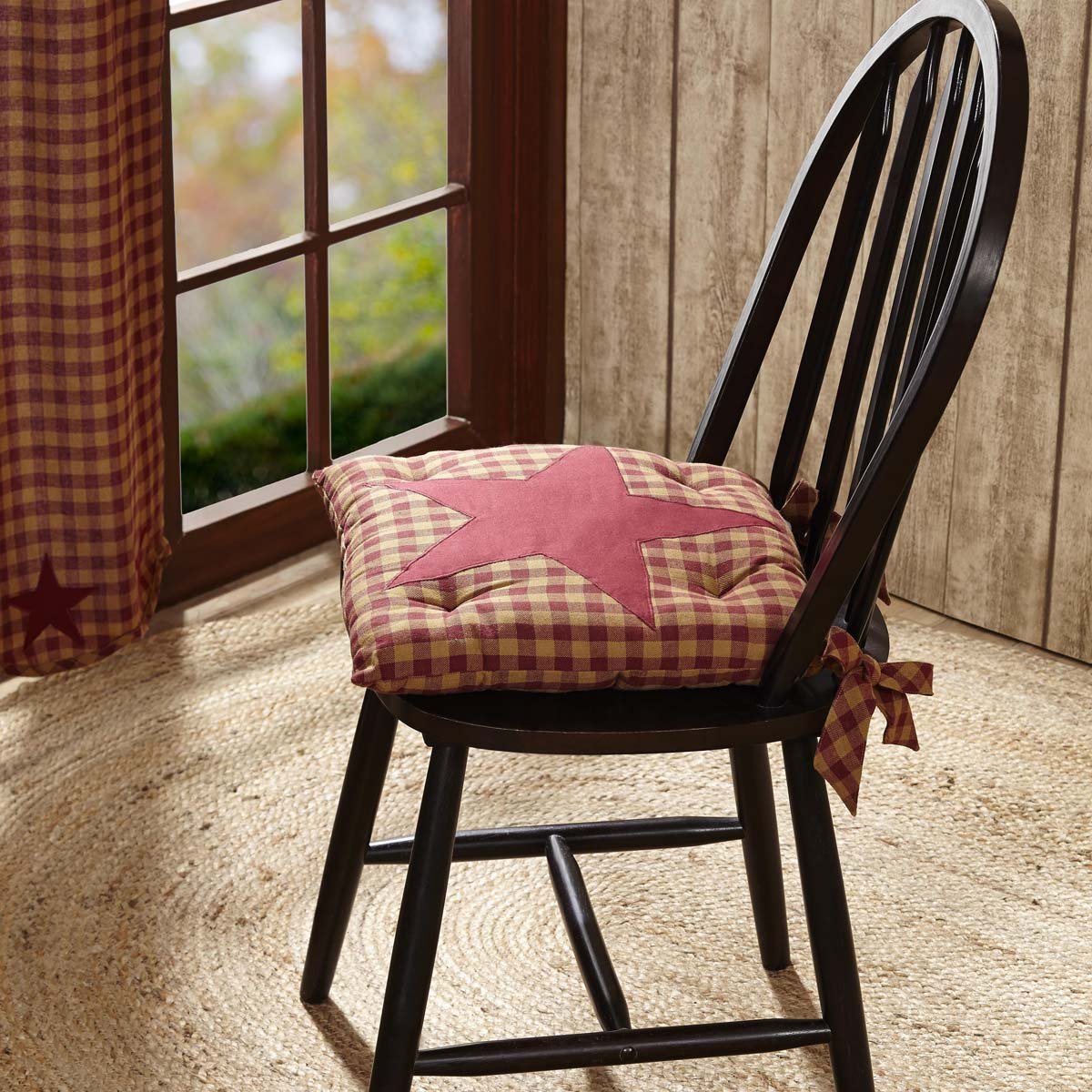 VHC Brands Star Cotton Primitive Tabletop Kitchen Tie Back(s) Appliqued Square Chair Pad, King, Burgundy Red, 14 inches