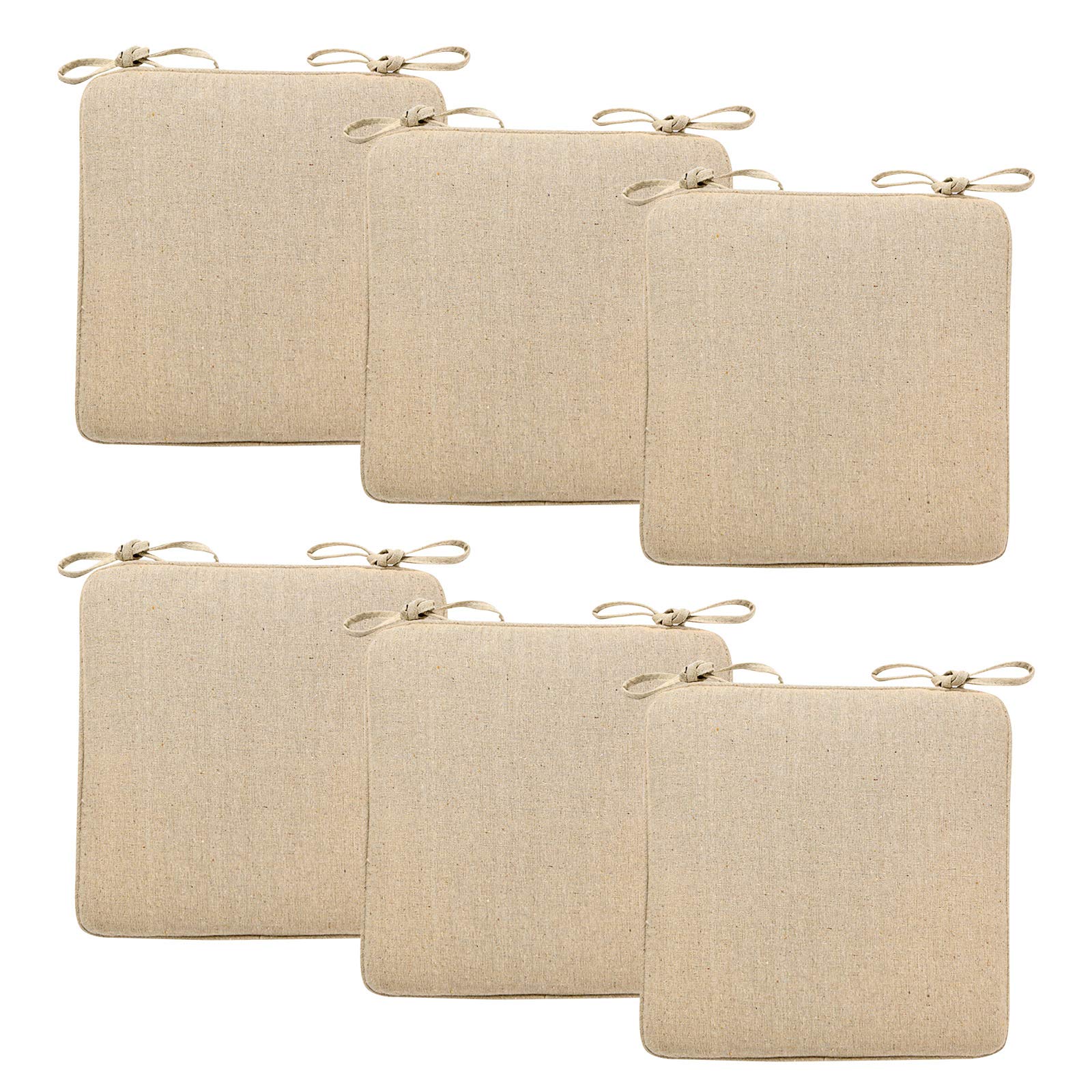 KingQin Set of 6 Dining Chair Pads Breathable Memory Foam Non-Slip 17.7" x 17.7" x 1.4" Home Kitchen Office Square Seat Cushions with Ties and Machine Washable Covers - Beige