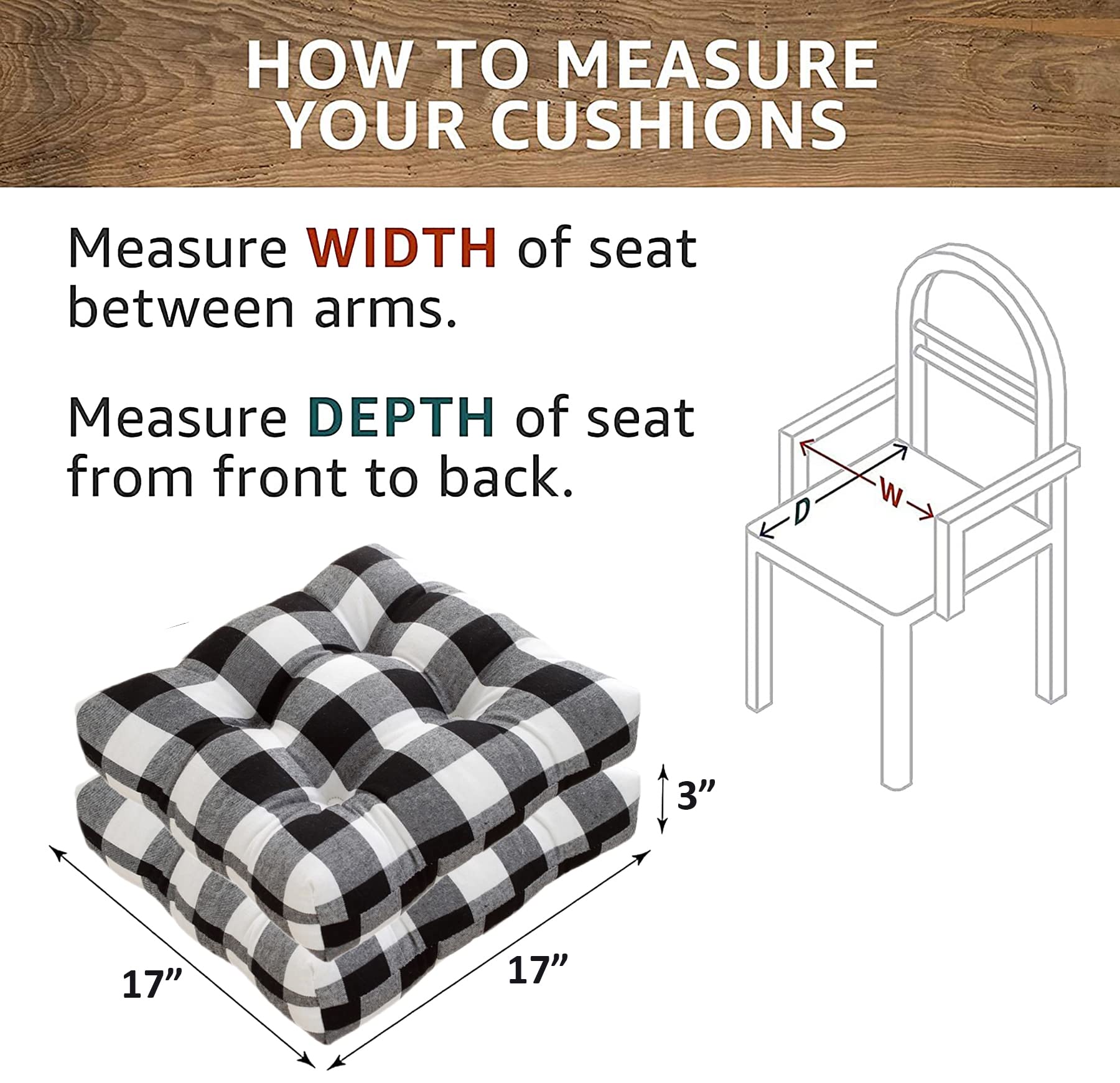 BUENA DECOR Kitchen Chair Cushions with Ties, Set of 2 Buffalo-Checked Dining Pads Seat for Chairs, 17 x inches Buffalo-Plaid Christmas Decoration Home (Black White Big Stripes)