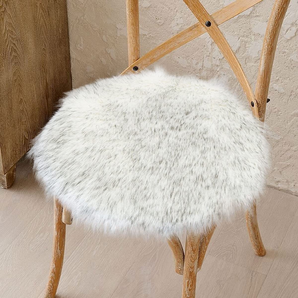 OKAYDA Fluffy Faux Sheepskin Fur Chair Pad Shaggy Seat Cushion Soft Stool Cover Perfect for Sofa Home Decor (White Round)