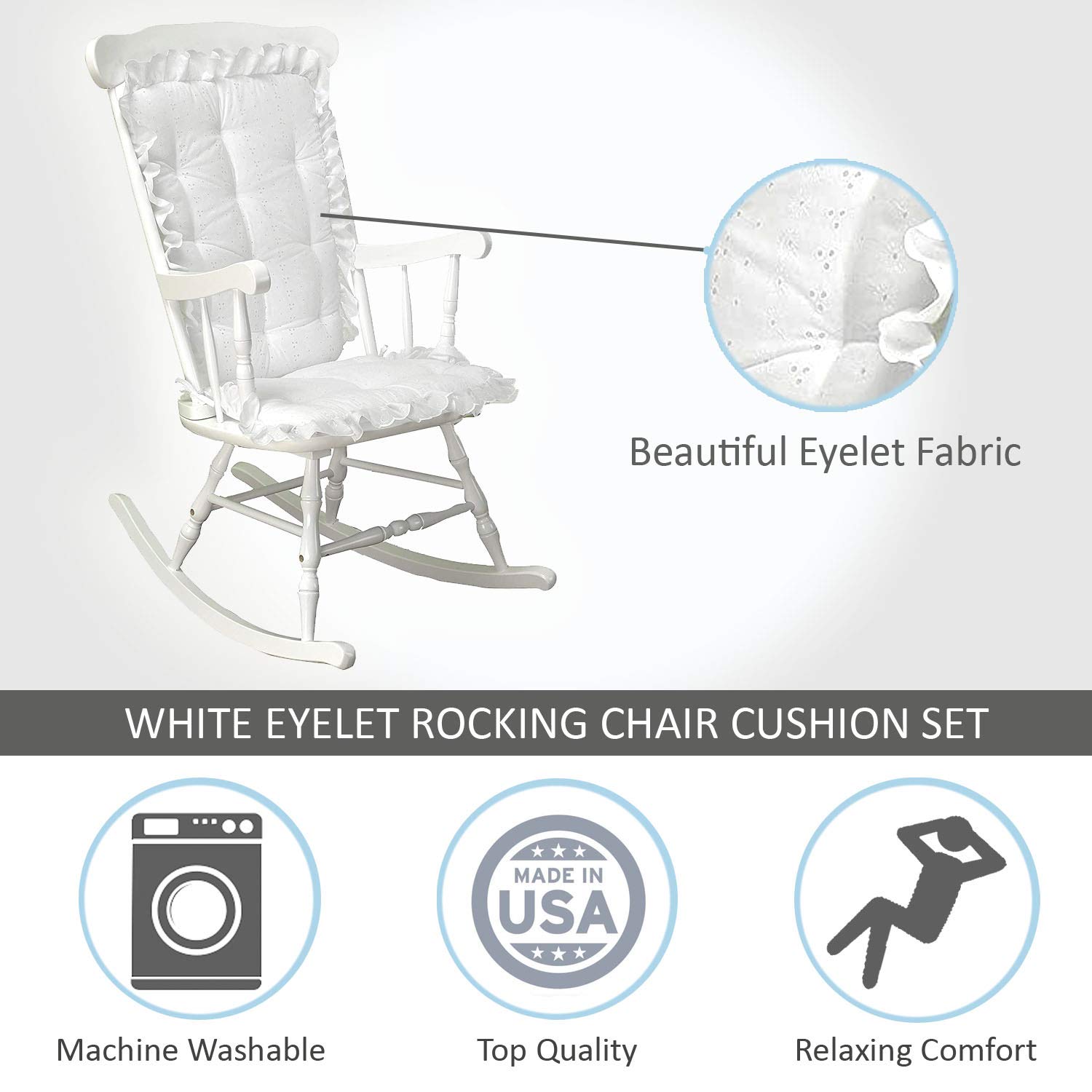 ABABY.COM Rocking Chair Cushion Pad Set - Machine Washable Seat and Seat Back Cushions, Seat Cover or Replacement Pads for Rocker or Glider, White Eyelet