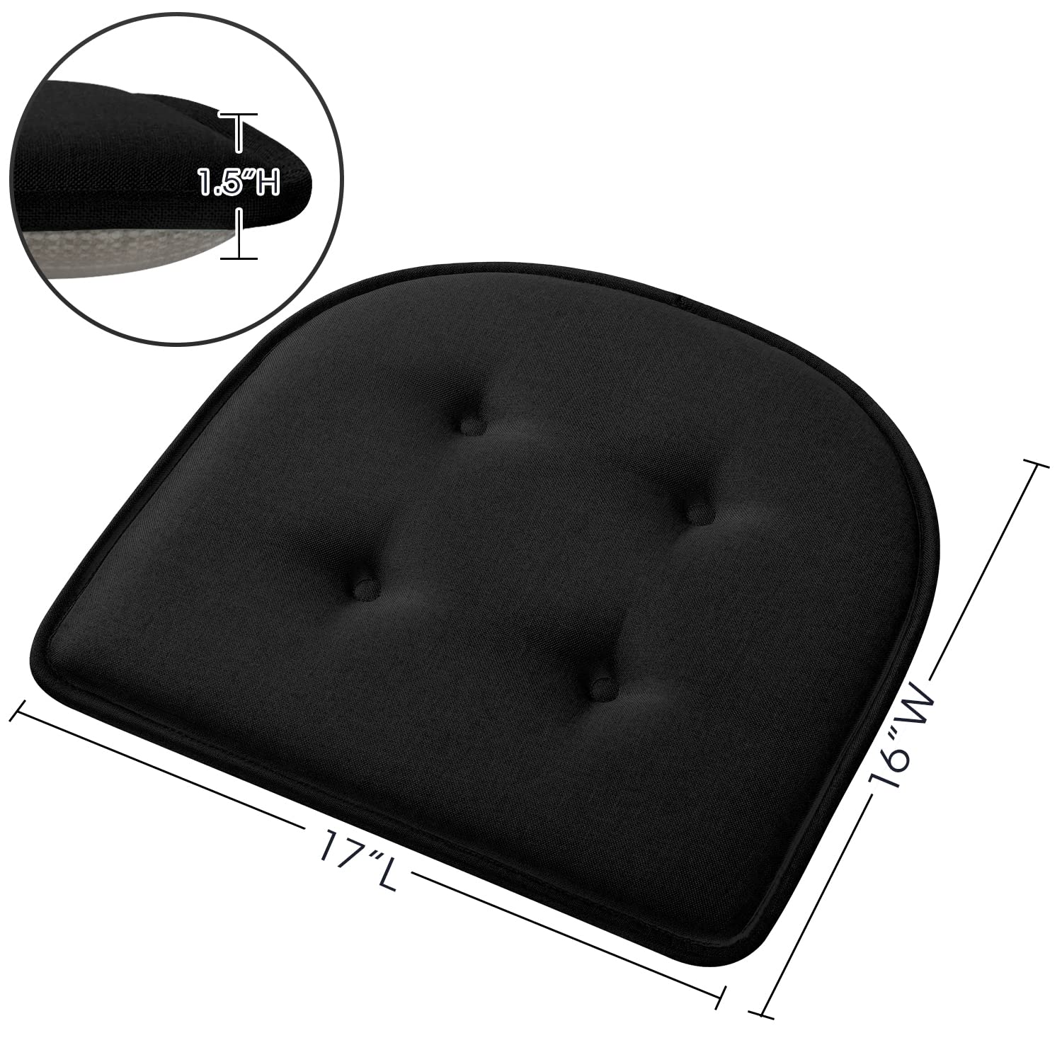 Cozyide U-Shaped Chair Cushions for Dining Chairs 6 Pack, Memory Foam Chair Pads with Tufted Design and Non-Slip Backing, 17" x 16", Black