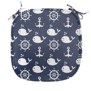 ambesonne navy blue chair seating cushion, maritime pattern with whales helms anchors nautical elements deep sea life, anti-slip seat padding for kitchen & patio, 16"x16", navy blue white