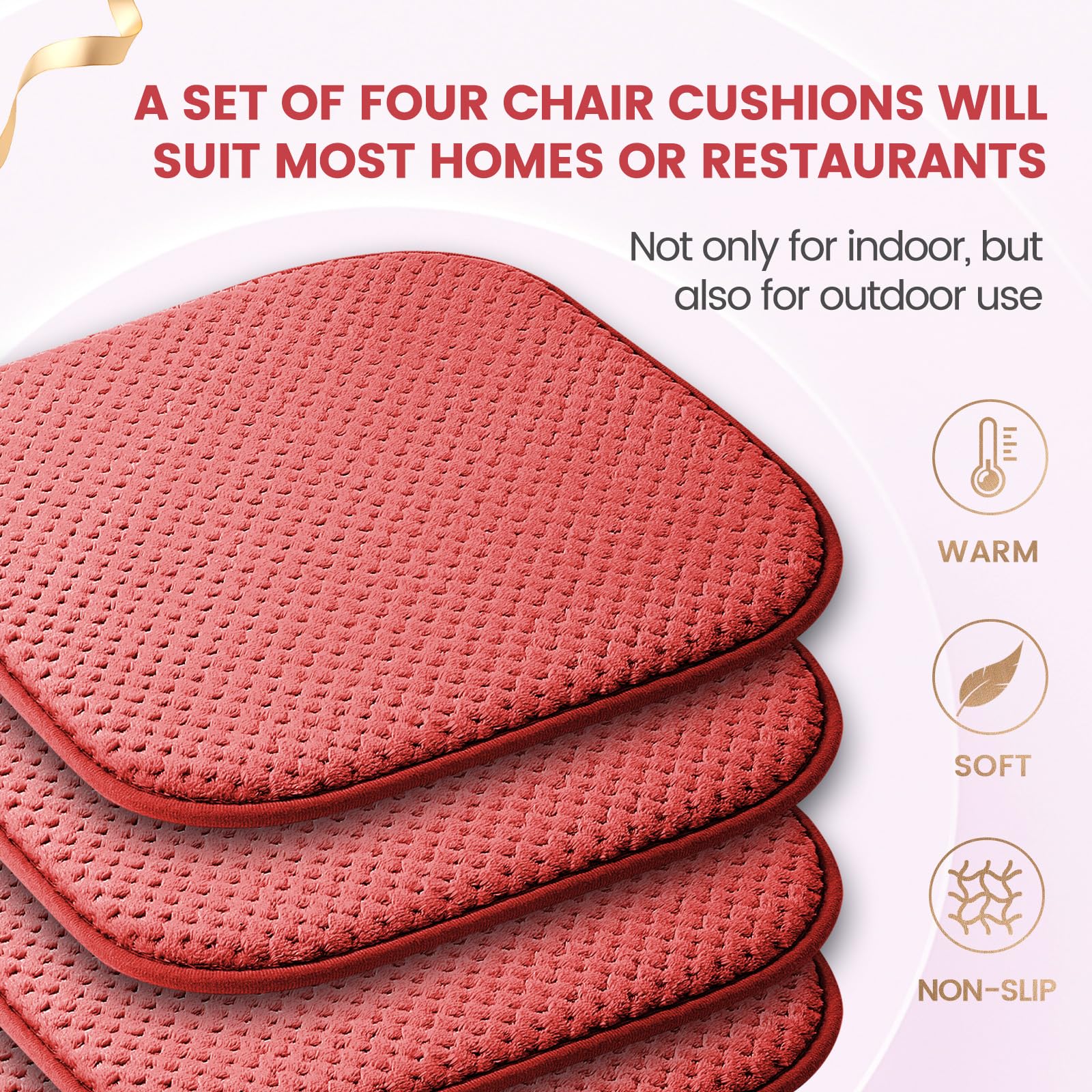 BSAOUTZ Memory Foam Dining Chair Cushions Set of 4, Non Slip Biscuit Cushion for Desk Chair, Washable Soft Kitchen Chair Cushions, Stay in Place Backing Seat Pad Cushion, 16" x16", Hot Red