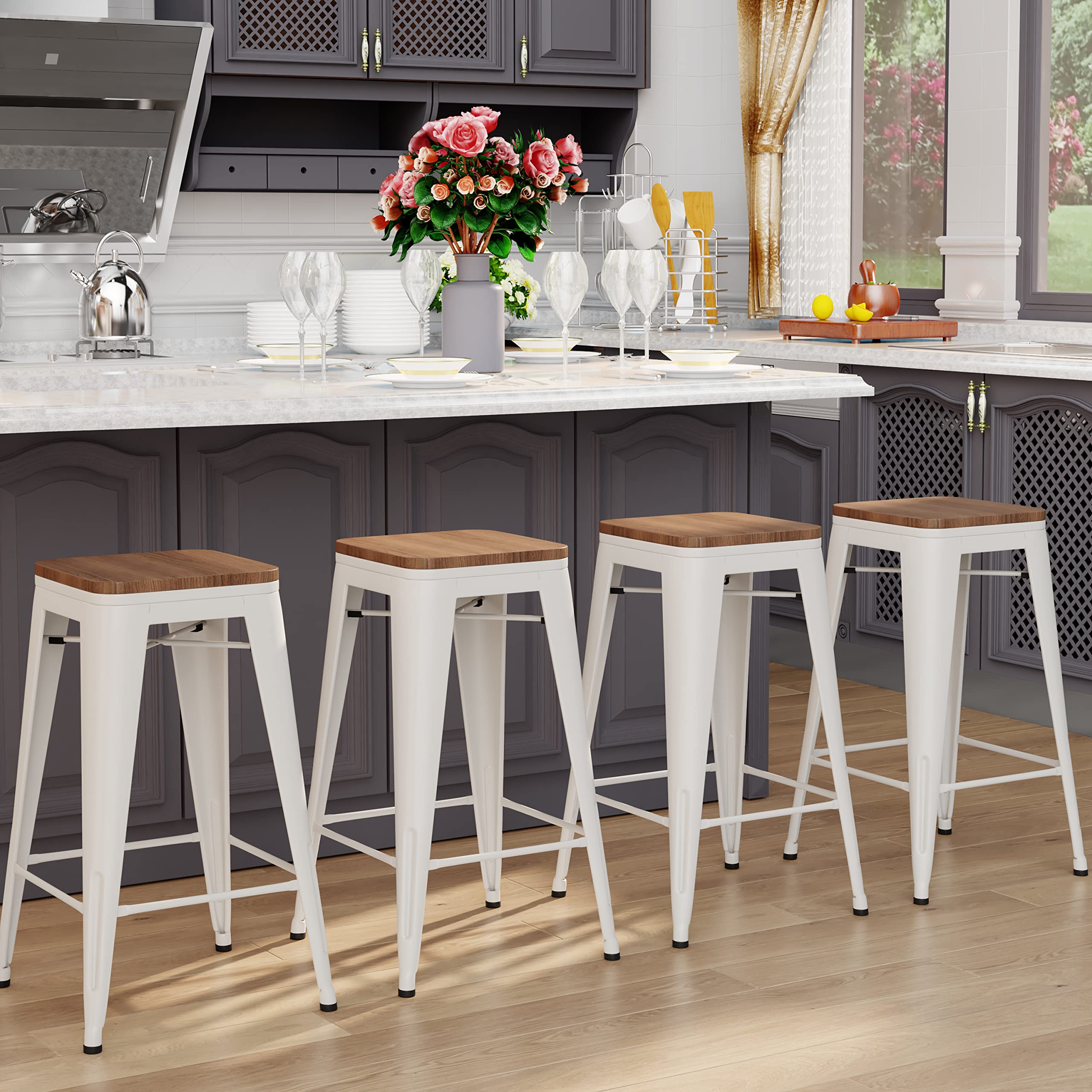 Tongli 26 inch Bar Stools Set of 4 Counter Height Stools Stackable Bar Stool Backless Metal Barstools White Cream Counter Stools Indoor for Kitchen & Island&Dining Chairs Set of 4