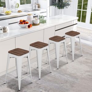 Tongli 26 inch Bar Stools Set of 4 Counter Height Stools Stackable Bar Stool Backless Metal Barstools White Cream Counter Stools Indoor for Kitchen & Island&Dining Chairs Set of 4