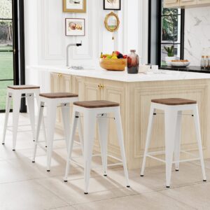 Tongli 26 inch Bar Stools Set of 4 Counter Height Stools Stackable Bar Stool Backless Metal Barstools White Cream Counter Stools Indoor for Kitchen & Island&Dining Chairs Set of 4