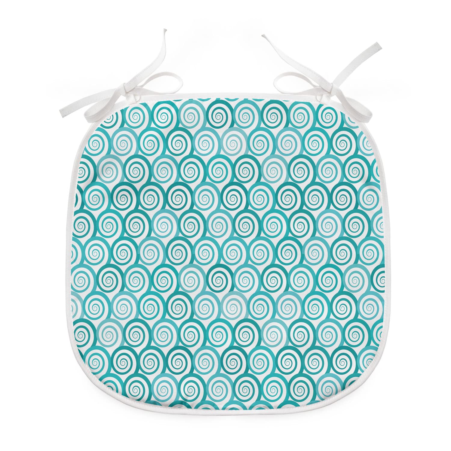 Ambesonne Retro Chair Pad, Abstract Flat Design Sea Waves Repeating Pattern on White Background, Water Resistant Pillow with Ties for Dining Room Kitchen Seats, 15" x 15", Teal Turquoise and White