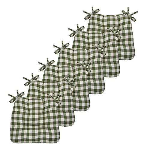 GoodGram Gingham Plaid Buffalo Checkered Premium Plush Country Farmhouse Chair Cushion Pads with Tear Proof Ties-Assorted Colors, 6 Pack, Sage Green