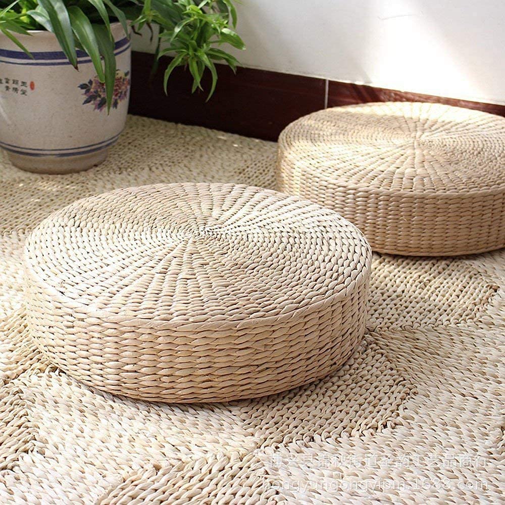 HUAWELL Japanese Style Handcrafted Eco-Friendly Breathable Padded Knitted Straw Flat Seat Cushion, Hand Woven Tatami Cushion Best for Zen, Yoga Practice or Buddha Meditation (19.7)