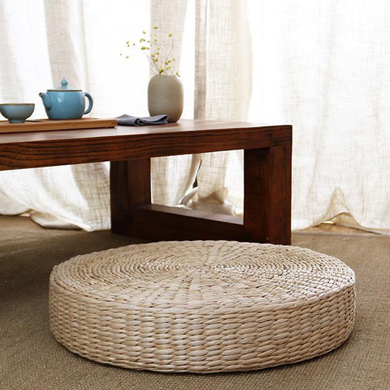 DEDEMCO Hand-Woven Natural Cattail Mat Cushion Pouf, Japanese Style Round Straw Seat Pad, Handmade Floor Pouf Mat for Party Living Room Bay Window Balcony Garden, 210329AH03-4-10542-1738450751