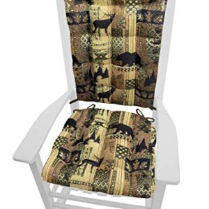 Brentwood Rocking Chair Cushions with Ties - Size Extra-Large - Woodlands Rustic Lodge & Lake House Decor (Brown, Gold, Black - Bear, Elk, Oak)