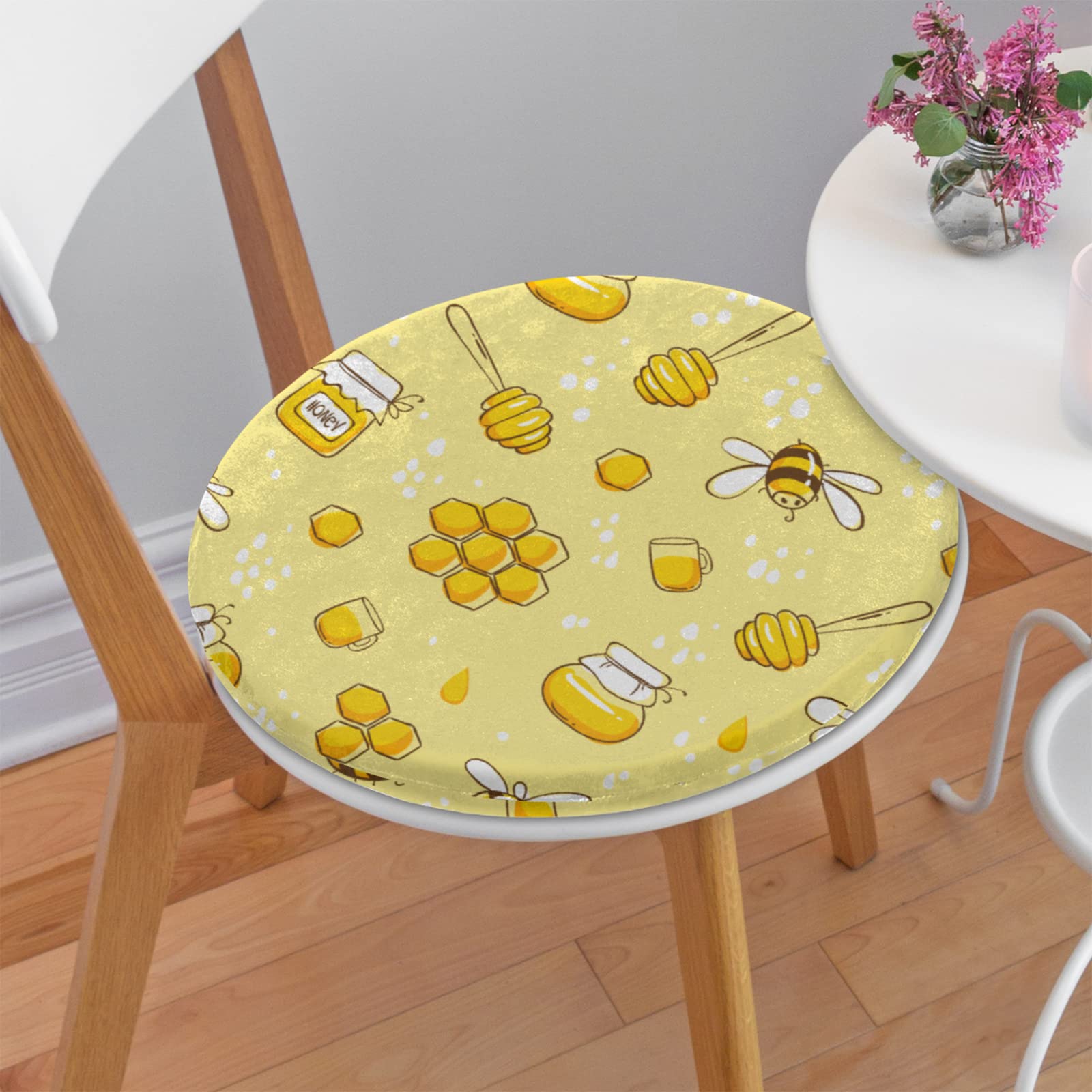 Bee Round Seat Cushion, Cute Bee Honeycombs Chair Cushions Soft Memory Foam Chair Pad Reversible Washable Seat Chair Pad with Zipper for Office Kitchen Dining Room Chair