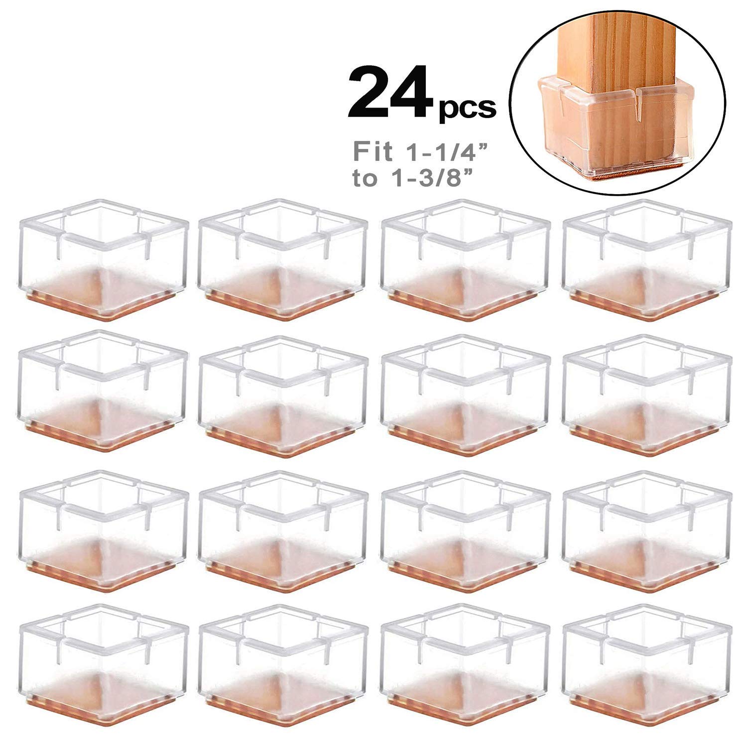 TEKEFT Chair Leg Wood Floor Protectors Flexible Silicone Square 1-1/8" to 1-3/8" Clear (24 pack）