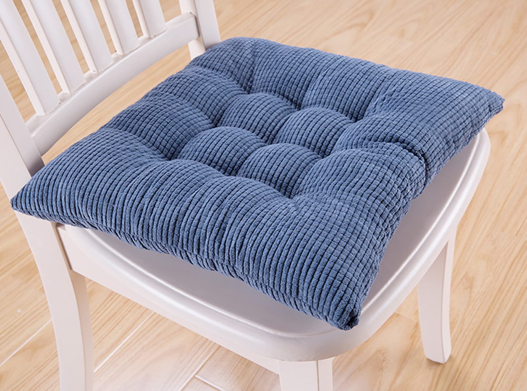 Corduroy Chair Cushion with Ties, Nonslip Tufted Seat Cushions Kitchen Dining Chair Pads with Ties Office Car Sitting Chair Pads (17in X 17in, Blue)