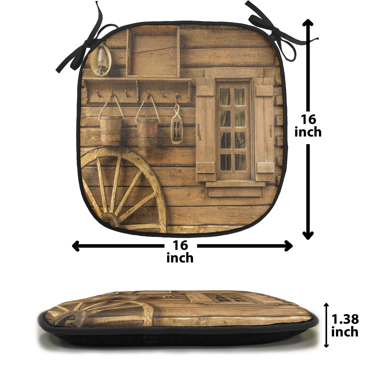 Lunarable Western Chair Cushion Pads Set 12, Old Wagon Wheel Next to Rustic Wooden House Vintage Window Buckets Cottage Print, Anti-Slip Seat Padding for Kitchen & Patio, 16"x16", Olive Green