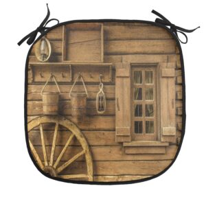 Lunarable Western Chair Cushion Pads Set 12, Old Wagon Wheel Next to Rustic Wooden House Vintage Window Buckets Cottage Print, Anti-Slip Seat Padding for Kitchen & Patio, 16"x16", Olive Green