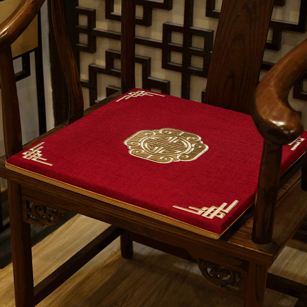 Soft Comfortable Durable Chair Pads Living Room Balcony,Chinese Non-Slip Seat Cushion,Cotton Linen Embroidered Chair Cushion Red 45x38cm(18x15inch)