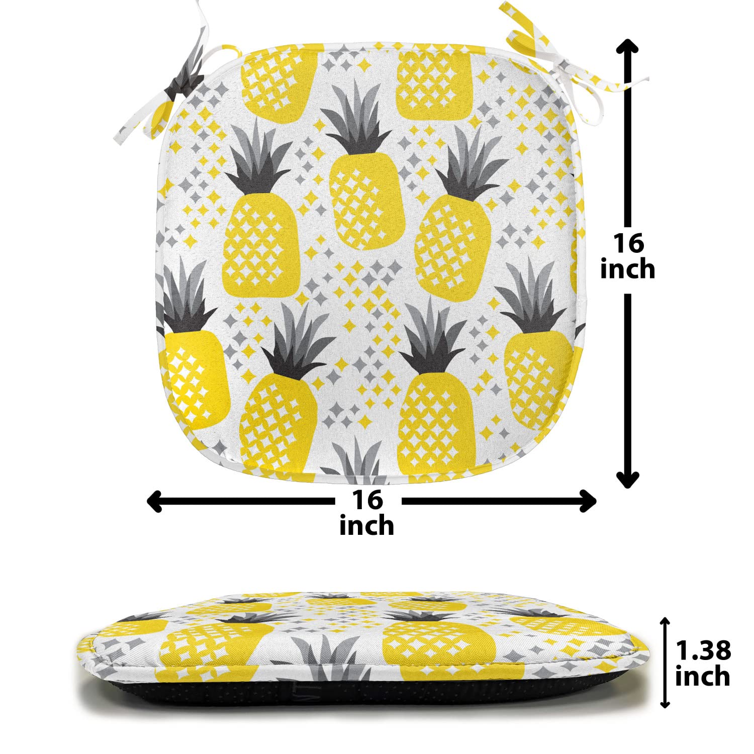 Ambesonne Exotic Chair Seating Cushion Set of 4, Pineapples Tropic Accents Coastal Theme Beach Island Fruit Kitchen Graphic, Anti-Slip Seat Padding for Kitchen & Patio, 16"x16", Yellow Grey Black