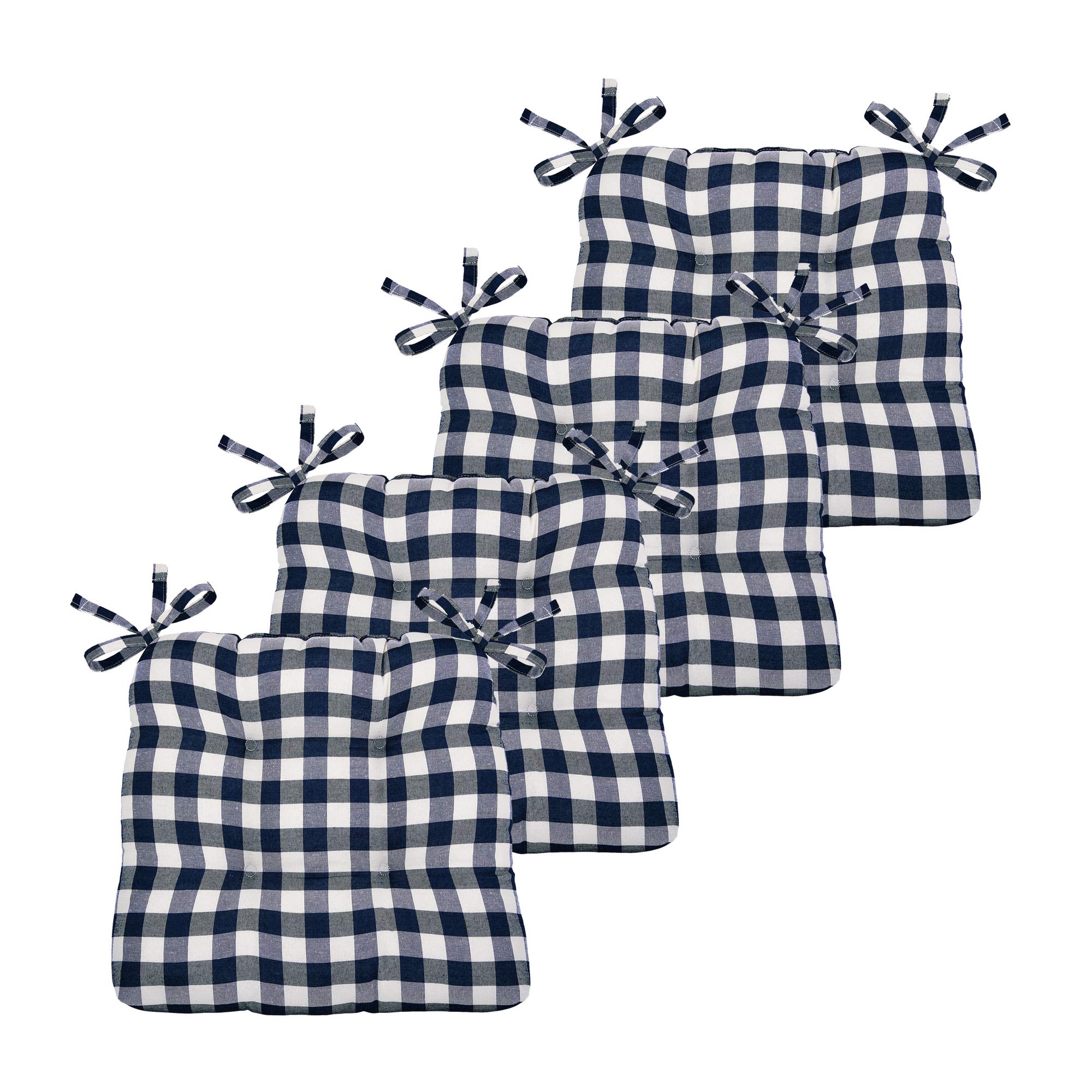 GoodGram Gingham Plaid Buffalo Checkered Premium Plush Country Farmhouse Chair Cushion Pads with Tear Proof Ties - Assorted Colors (4, Navy Blue)