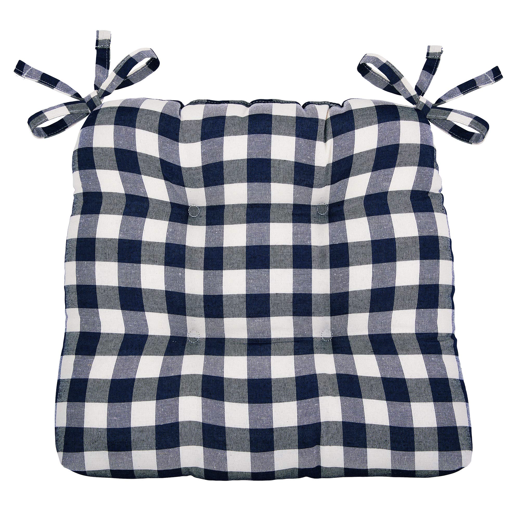 GoodGram Gingham Plaid Buffalo Checkered Premium Plush Country Farmhouse Chair Cushion Pads with Tear Proof Ties - Assorted Colors (4, Navy Blue)