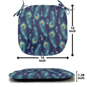 Ambesonne Peacock Chair Seating Cushion Set of 6, Graphic Peacock Bird Feathers Background Designed Image, Anti-Slip Seat Padding for Kitchen & Patio, 16"x16", Navy Blue Orange