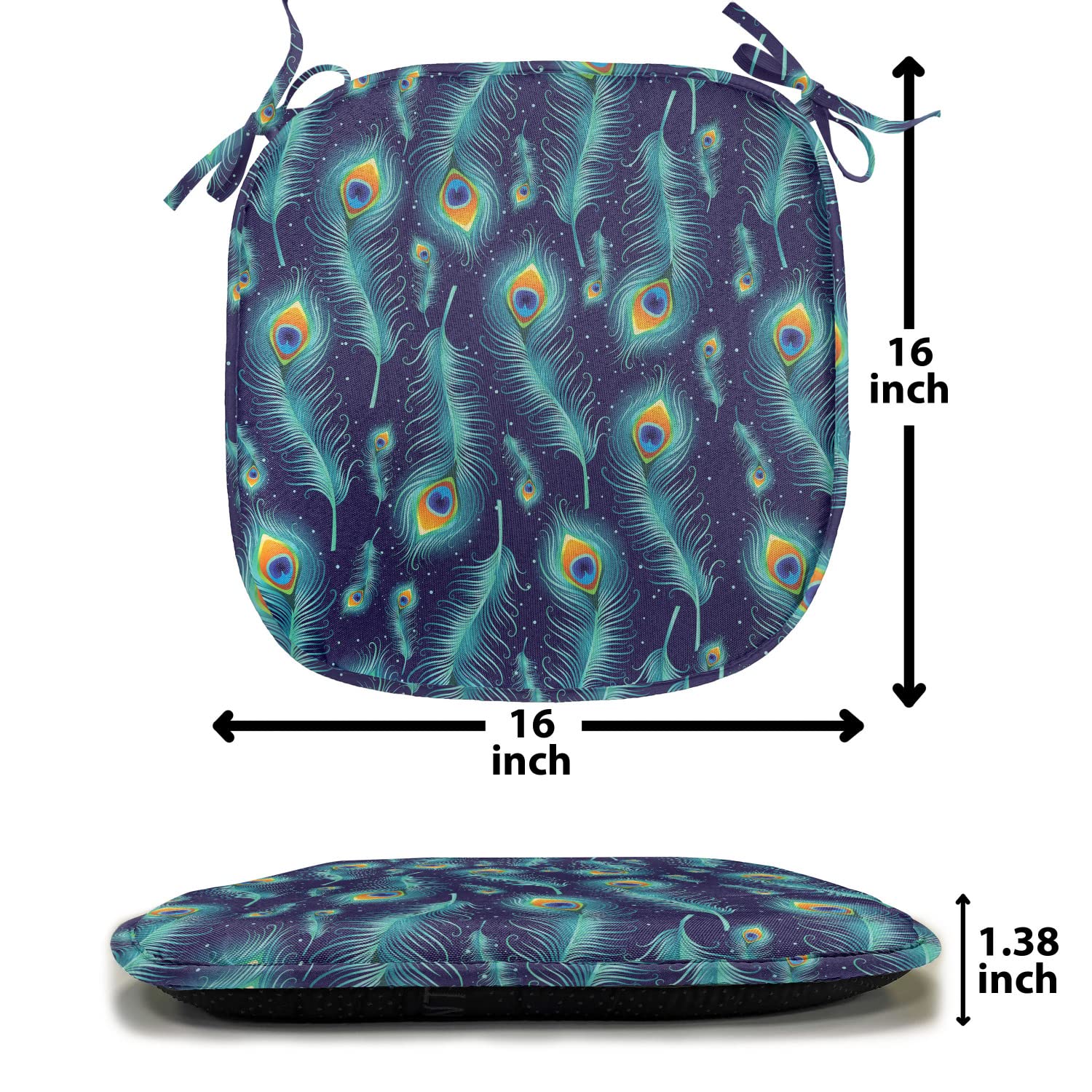 Ambesonne Peacock Chair Seating Cushion Set of 6, Graphic Peacock Bird Feathers Background Designed Image, Anti-Slip Seat Padding for Kitchen & Patio, 16"x16", Navy Blue Orange